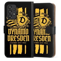 DeinDesign Galaxy A33 5G Handy Klapph&uuml;lle Handyh&uuml;lle aus Kunst Leder schwarz Flip Case Sgd Statement Sg Dynamo Dresden Sideflip mit langer Lasche