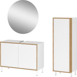 Badmöbel-Set Germania "GW-Topeka", weiß (weiß, navarra, eiche, nachbildung), B:134cm H:200cm T:35cm, Holzwerkstoff, Kastenmöbel-Sets, 3 tlg. Set mit Siphonausschnitt und wechselbaren Türen