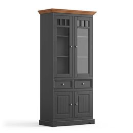 Pharao24.de Schrank Vitrine aus Kiefer Massivholz Grau und Eichefarben