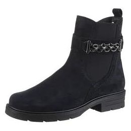 Chelseaboots Gabor, Damen, Gr. 37, blau (nachtblau), Elastischer Einsatz, Veloursleder, unifarben, Schuhe, Blockabsatz, Herbstmode, Stiefelette mit Zierkette am Schaft