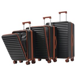 Flieks Kofferset Reisekofferset 3 tlg., Fronttaschen, klappbare Getränkehalter, Rollkofferset mit 4 Rollen und Schloss, Hartschale Trolley, Schwarz