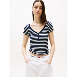 Tommy Jeans Damen Kurzarmshirt &raquo;TJW SLIM HENLEY WAFFLE SS&laquo; blau XL (42)