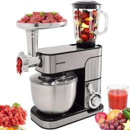 Syntrox Germany 5,5 l Küchenmaschine Zosma – Mit Fleischwolf, Mixer & Teigknetmaschine, 1.300 Watt Power, Edelstahl-Schüssel (Schwarz)