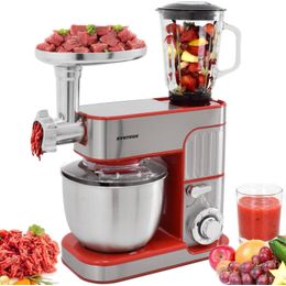 Syntrox Germany 5,5 l Küchenmaschine Zosma – Mit Fleischwolf, Mixer & Teigknetmaschine, 1.300 Watt Power, Edelstahl-Schüssel (Rot)