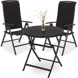 BRUBAKER Garten Sitzgruppe Milano - 1 Glastisch Klapptisch rund 70 cm Ø mit 2 Hochlehner Stühlen - Aluminium - Wetterfest - Anthrazit