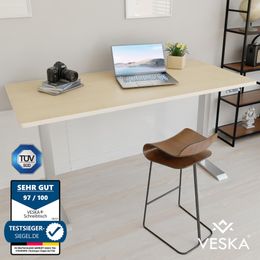 Höhenverstellbarer Schreibtisch (140 x 70 cm) - Sitz- & Stehpult - Bürotisch Elektrisch Höhenverstellbar mit Touchscreen & Stahlfüßen - Silber/Bambus