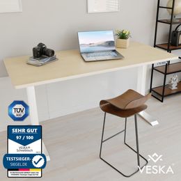 Höhenverstellbarer Schreibtisch (140 x 70 cm) - Sitz- & Stehpult - Bürotisch Elektrisch Höhenverstellbar mit Touchscreen & Stahlfüßen - Weiß/Bambus