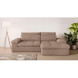 Ecksofa Home Affaire "ALVERIE mit Recamiere, moderne Steppung, Ma&szlig;e: B/T/H 274/203/106 cm", braun (hellbraun), B:274cm H:106cm T:203cm, 83% Polyester, 17% Nylon, Sofas, Ecksofa, L-Form mit Wellenunterfederung, mit 4 R&uuml;ckenkissen, pflegeleicht Stoff