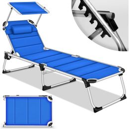 tillvex® Sonnenliege mit Dach und Kopfkissen Blau - Premium Polsterung | Gartenliege Liegestuhl klappbar | Strandliege mit verstellbarer Rückenlehne, gepolsterte Liegefläche | Aluminium Liege