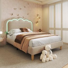 Flieks Polsterbett 90x200cm mit LED, Jugendbett Kinderbett mit Lattenrost, Einzelbett Holzbett Klassisches Bett mit Verstellbarem Kopfteil Leinen