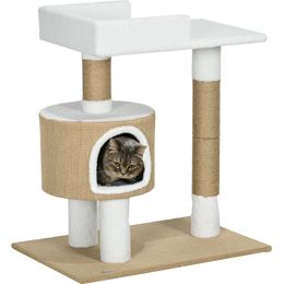 PawHut Kratzbaum 79 cm Kleiner Katzenbaum mit Katzenhöhle, Katzenkratzbaum mit Liegefläche, Jute-Kletterbaum für Katzen bis zu 8 kg, Katzenmöbel, Braun, Weiß, Kaschmir-Imitat