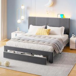 Merax Polsterbett 160x200cm mit LED und USB-Ladeanschlüsse, Doppelbett mit Lattenrost, Schublade und verstellbarer Kopfteil, Samt Jugendbett, Grau