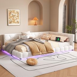 Flieks Polsterbett 140x200cm mit USB, Schlafsofa mit Lattenrost, Tagesbett Daybett Jugendbett mit LED, Gästebett Sofabett Doppelbett, Samt, Weiß