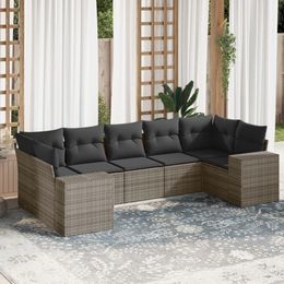 7-tlg. Garten-Sofagarnitur mit Kissen Grau Poly Rattan
