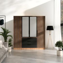 Easy4You Lux D4 Eiche Wotan/Schwarz Kleiderschrank 196x200x57,5 cm mit Spiegel - Schlafzimmermöbel, Aufbewahrung – Mehrzweckschrank Geriffelte Fronten und 3 Schubladen