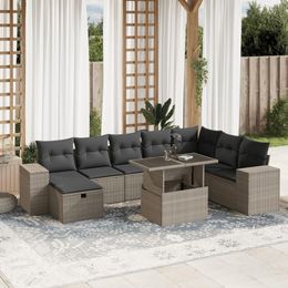 vidaXL 9-tlg. Garten-Sofagarnitur mit Kissen Hellgrau Poly Rattan
