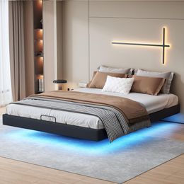 Fortuna Lai Polsterbett 160x200cm mit LED, Leinenbett Bettgestell mit Lattenrost, mit Hydraulisch Lagerung, Doppelbett Ehebett, Einfache Montag, Beige