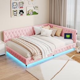 CDGlobal Polsterbett 140x200 mit LED und USB-Anschluss, Bettgestell mit Lattenrost,Tagesbett Schlafsofa Samtstoff Bettsofa Gästebett Jugendbett