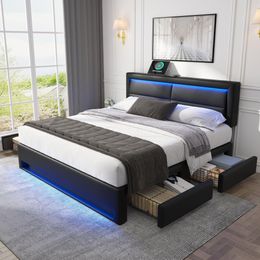 Flieks Polsterbett 140x190cm mit USB, Stauraumbett Doppelbett mit Lattenrost und 4 Schubladen, Jugendbett mit LED, Holzbett Funktionsbett, PU, Schwarz