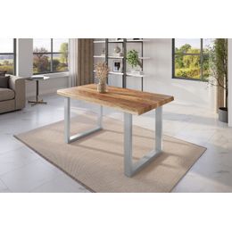 Esstisch Baumkante 160 x 85 cm Mangoholz Rough U-Gestell silber ATLAS
