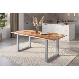 Baumkantentisch Akazie natur mit schwarzen Resin-Adern 220 x 100 cm U-Gestell silber POLLY