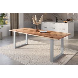 Baumkantentisch Akazie natur mit schwarzen Resin-Adern 300 x 100 cm U-Gestell silber POLLY