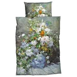 Bettwäsche Goebel "Frühlingsblumen", blau (blaugrau), B/L: 155cm x 220cm, 1 Stk., 1 Stk., Satin, B/L: 80cm x 80cm, Satin, Obermaterial: 100% Baumwolle, Bettwäsche, mit floralem Dessin