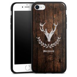 DeinDesign iPhone SE (2022) Handy Slim Case extra d&uuml;nn Silikon Handyh&uuml;lle schwarz H&uuml;lle Wood Deer Wooden Look Silikon Slim Case