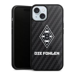 DeinDesign iPhone 15 Handy Gallery Case Handyh&uuml;lle 9H Geh&auml;rtetes Glas R&uuml;ckseite H&uuml;lle Borussia M&ouml;nchengladbach Carbon Gladbach Gallery Case