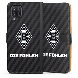 DeinDesign Galaxy A12 Handy Klapph&uuml;lle Handyh&uuml;lle aus Kunst Leder schwarz Flip Case Carbon Borussia M&ouml;nchengladbach Gladbach Sideflip mit langer Lasche