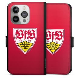 DeinDesign iPhone 14 Pro Handy Klapph&uuml;lle Handyh&uuml;lle aus Kunst Leder schwarz Flip Case Logo Official Licensed Product Vfb Stuttgart Sideflip mit langer Lasche