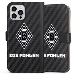 DeinDesign iPhone 13 Pro Max Handy Klapph&uuml;lle Handyh&uuml;lle aus Kunst Leder schwarz Flip Case Borussia M&ouml;nchengladbach Carbon Gladbach Sideflip mit langer Lasche