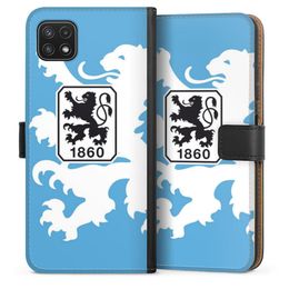 DeinDesign Galaxy A22 5G Handy Klapph&uuml;lle Handyh&uuml;lle aus Kunst Leder schwarz Flip Case Official Licensed Product Tsv 1860 M&uuml;nchen Coat Of Arms Sideflip mit 