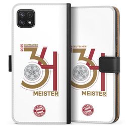 DeinDesign Galaxy A22 5G Handy Klapph&uuml;lle Handyh&uuml;lle aus Kunst Leder schwarz Flip Case Master Official Licensed Product Fc Bayern M&uuml;nchen Sideflip mit langer 