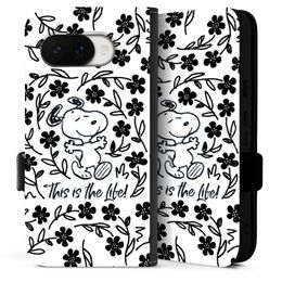 DeinDesign Google Pixel 9a Handy Klapph&uuml;lle Handyh&uuml;lle aus Kunst Leder schwarz Flip Case Peanuts Flowers Snoopy Sideflip mit Lasche