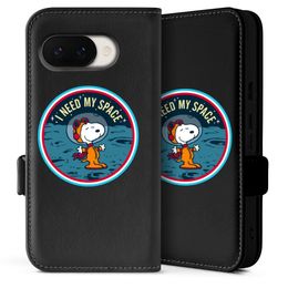 DeinDesign Google Pixel 9a Handy Klapph&uuml;lle Handyh&uuml;lle aus Kunst Leder schwarz Flip Case Peanuts Weltall Snoopy Sideflip mit Lasche