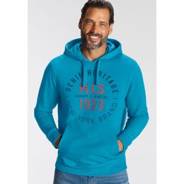 H.I.S. Kapuzensweatshirt H.I.S, Herren, Gr. 3XL (64/66), blau (t&uuml;rkis), angeraute Sweatware, Obermaterial: 60% Baumwolle, 40% Polyester, bedruckt, normal, Rundhals, Rippb&uuml;ndchen, Sweatshirts, Langarm, l&auml;ssige Passform, mit K&auml;ngurutasche