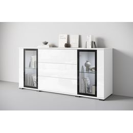 Sideboard Inosign "modernes Design mit Glaseinsätzen und 3 Schubladen, Breite 150 cm", weiß (weiß, weiß hochglanz), B:150cm H:70cm T:39,5cm, FSC-zertifizierter Holzwerkstoff, Sideboards, Grifflose Fronten mit Push-to-Open, höhenverstellbare Einlegeböden
