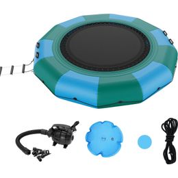 Aufblasbarer Wassertrampolin mit Leiter, Wasserdichte, Abriebfeste, Wassertrampoline 3,66 m Großen Sprungfläche, Sprungplattform-Wasserpark Pool Trampolin, Blau + Grün 226 kg Tragfähigkeit