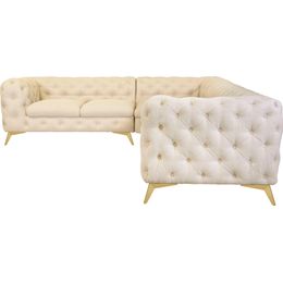 Chesterfield-Sofa LEONIQUE "Ecksofa GLYNIS L-Form mit Wellenunterfederung, Maße B/T/H 323/264/75cm", beige (creme), B:323cm H:75cm T:264cm, Struktur (100% Polyester);Samtoptik (100% Polyester), Sofas, aufwändige Knopfheftung, moderne Chesterfield Optik, Fußfarbe wählbar