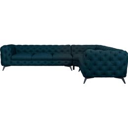 Chesterfield-Sofa LEONIQUE "Ecksofa GLYNIS L-Form mit Wellenunterfederung, Maße B/T/H 323/264/75cm", blau (petrol), B:323cm H:75cm T:264cm, Struktur (100% Polyester);Samtoptik (100% Polyester), Sofas, aufwändige Knopfheftung, moderne Chesterfield Optik, Fußfarbe wählbar