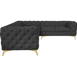 Chesterfield-Sofa LEONIQUE "Ecksofa GLYNIS L-Form mit Wellenunterfederung, Maße B/T/H 323/264/75cm", grau (anthrazit), B:323cm H:75cm T:264cm, Struktur (100% Polyester);Samtoptik (100% Polyester), Sofas, aufwändige Knopfheftung, moderne Chesterfield Optik, Fußfarbe wählbar