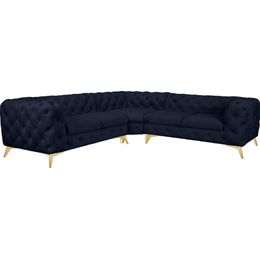 Chesterfield-Sofa LEONIQUE "Ecksofa GLYNIS L-Form mit Wellenunterfederung, Maße B/T/H 264/264/75cm", blau (deep ocean), H:75cm T:264cm, Struktur (100% Polyester);Samtoptik (100% Polyester), Sofas, aufwändige Knopfheftung, moderne Chesterfield Optik, Fußfarbe wählbar