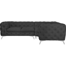 Chesterfield-Sofa LEONIQUE "Ecksofa GLYNIS L-Form mit Wellenunterfederung, Maße B/T/H 264/204/75cm", grau (anthrazit), B:264cm H:75cm T:204cm, Struktur (100% Polyester);Samtoptik (100% Polyester), Sofas, aufwändige Knopfheftung, moderne Chesterfield Optik, Fußfarbe wählbar