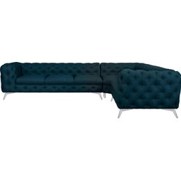 Chesterfield-Sofa LEONIQUE "Ecksofa GLYNIS L-Form mit Wellenunterfederung, Maße B/T/H 323/264/75cm", blau (petrol), B:323cm H:75cm T:264cm, Struktur (100% Polyester);Samtoptik (100% Polyester), Sofas, aufwändige Knopfheftung, moderne Chesterfield Optik, Fußfarbe wählbar