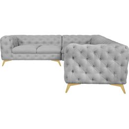 Chesterfield-Sofa LEONIQUE "Ecksofa GLYNIS L-Form mit Wellenunterfederung, Maße B/T/H 323/264/75cm", grau, B:323cm H:75cm T:264cm, Struktur (100% Polyester);Samtoptik (100% Polyester), Sofas, aufwändige Knopfheftung, moderne Chesterfield Optik, Fußfarbe wählbar