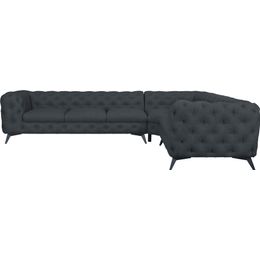 Chesterfield-Sofa LEONIQUE "Ecksofa GLYNIS L-Form mit Wellenunterfederung, Maße B/T/H 323/264/75cm", grau (anthrazit), B:323cm H:75cm T:264cm, Struktur (100% Polyester);Samtoptik (100% Polyester), Sofas, aufwändige Knopfheftung, moderne Chesterfield Optik, Fußfarbe wählbar