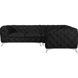 Chesterfield-Sofa LEONIQUE "Ecksofa GLYNIS L-Form mit Wellenunterfederung, Maße B/T/H 323/264/75cm", grau (charcoal), B:323cm H:75cm T:264cm, Struktur (100% Polyester);Samtoptik (100% Polyester), Sofas, aufwändige Knopfheftung, moderne Chesterfield Optik, Fußfarbe wählbar