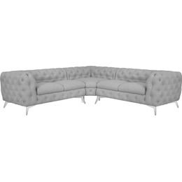 Chesterfield-Sofa LEONIQUE "Ecksofa GLYNIS L-Form mit Wellenunterfederung, Maße B/T/H 264/264/75cm", grau, H:75cm T:264cm, Struktur (100% Polyester);Samtoptik (100% Polyester), Sofas, aufwändige Knopfheftung, moderne Chesterfield Optik, Fußfarbe wählbar