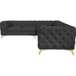 Chesterfield-Sofa LEONIQUE "Ecksofa GLYNIS L-Form mit Wellenunterfederung, Maße B/T/H 323/264/75cm", grau (anthrazit), B:323cm H:75cm T:264cm, Struktur (100% Polyester);Samtoptik (100% Polyester), Sofas, aufwändige Knopfheftung, moderne Chesterfield Optik, Fußfarbe wählbar